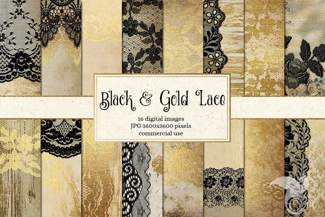 Black and Gold Lace Digital Paper, Rustic Digital Paper, Black Lace ...