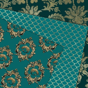 Teal and Gold Mermaid Digital Paper, Seamless Gold Mermaid Patterns ...