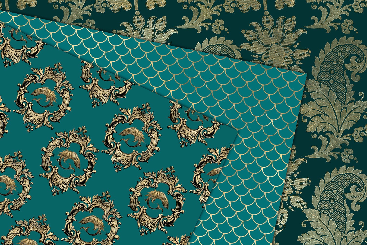 Teal and Gold Mermaid Digital Paper Seamless Gold Mermaid - Etsy