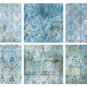 Blue Distressed Damask Digital Paper, Seamless Rustic Vintage Textured ...
