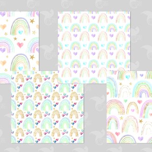 Gold Rainbows Digital Paper - Seamless Cute Watercolor Rainbow Hearts ...