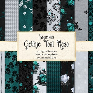 Gothic Teal Rose Digital Paper, Seamless Floral Patterns (digital ...
