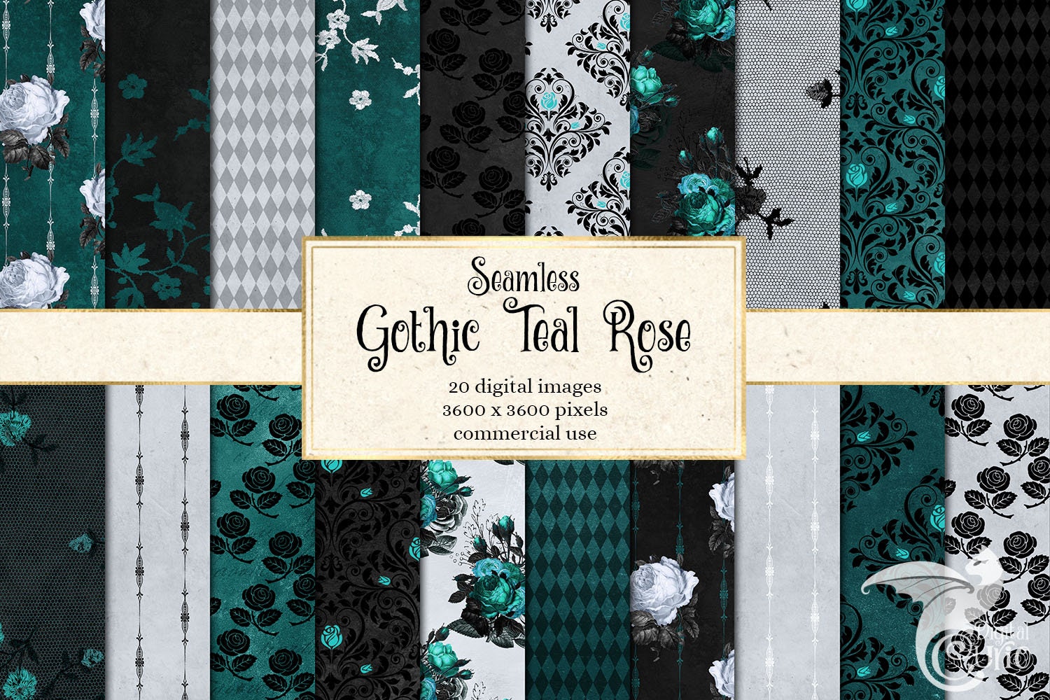 Gothic Teal Rose Digital Paper Seamless Rose Patterns With | Etsy