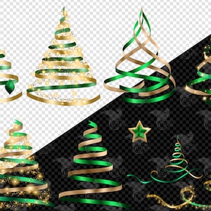 Green and Gold Ribbon Christmas Tree Clip Art - Digital Holiday Glitter ...