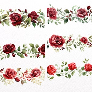 Watercolor Red Rose Borders Clipart - Seamless Roses and Leaves in PNG ...