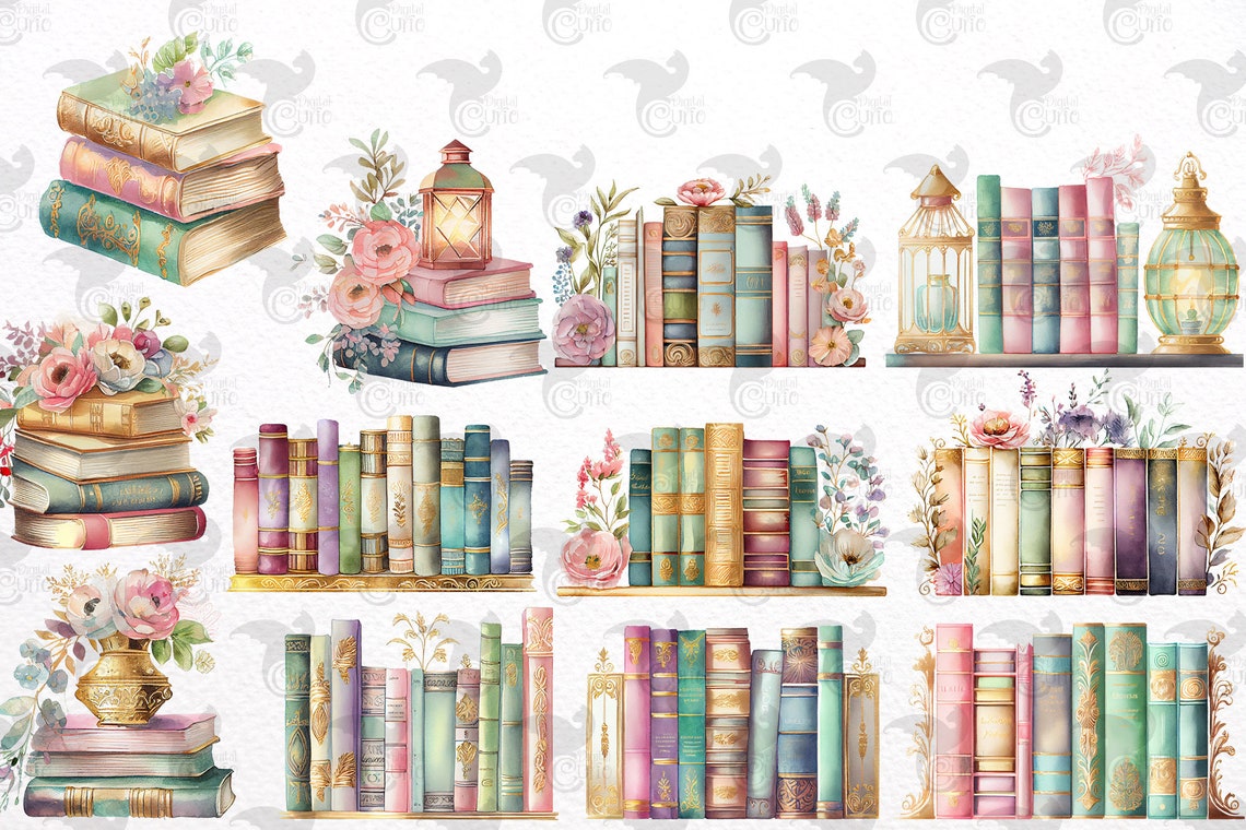 Watercolor Cottagecore Books Clipart – Floral Antique Book PNG (digital ...