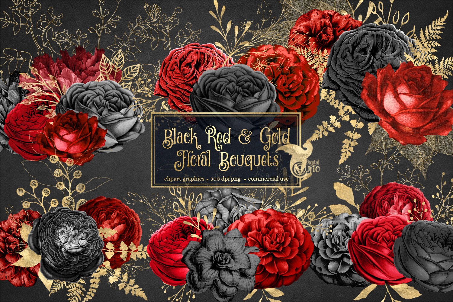 Black Red and Gold Floral Bouquets Clipart Digital Instant - Etsy