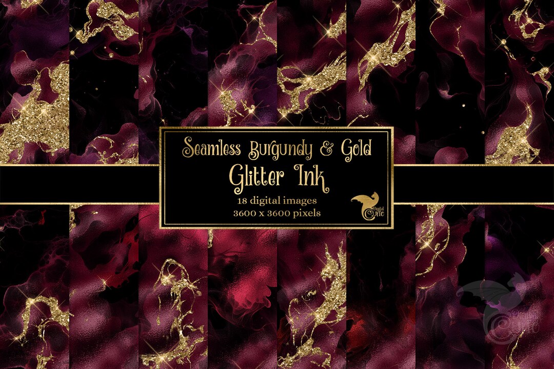 Burgundy and Gold Glitter Ink Digital Paper, Liquid Foil and Gold ...