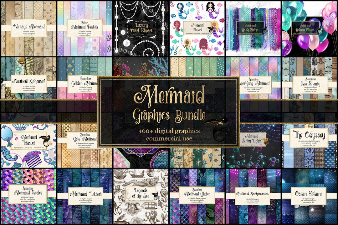 Mermaid Graphics Bundle, Mermaid Clipart Nautical Digital Paper ...