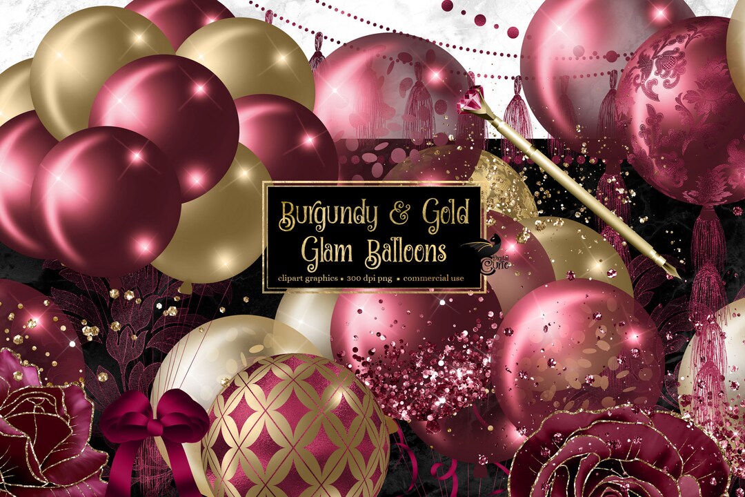 Burgundy and Gold Glam Balloons Clipart - Digital Clip Art Graphics for ...