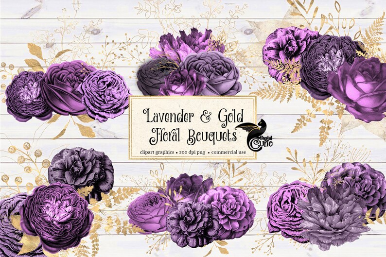 Lavender and Gold Floral Bouquets Clipart, Wedding Flower PNG (digital ...