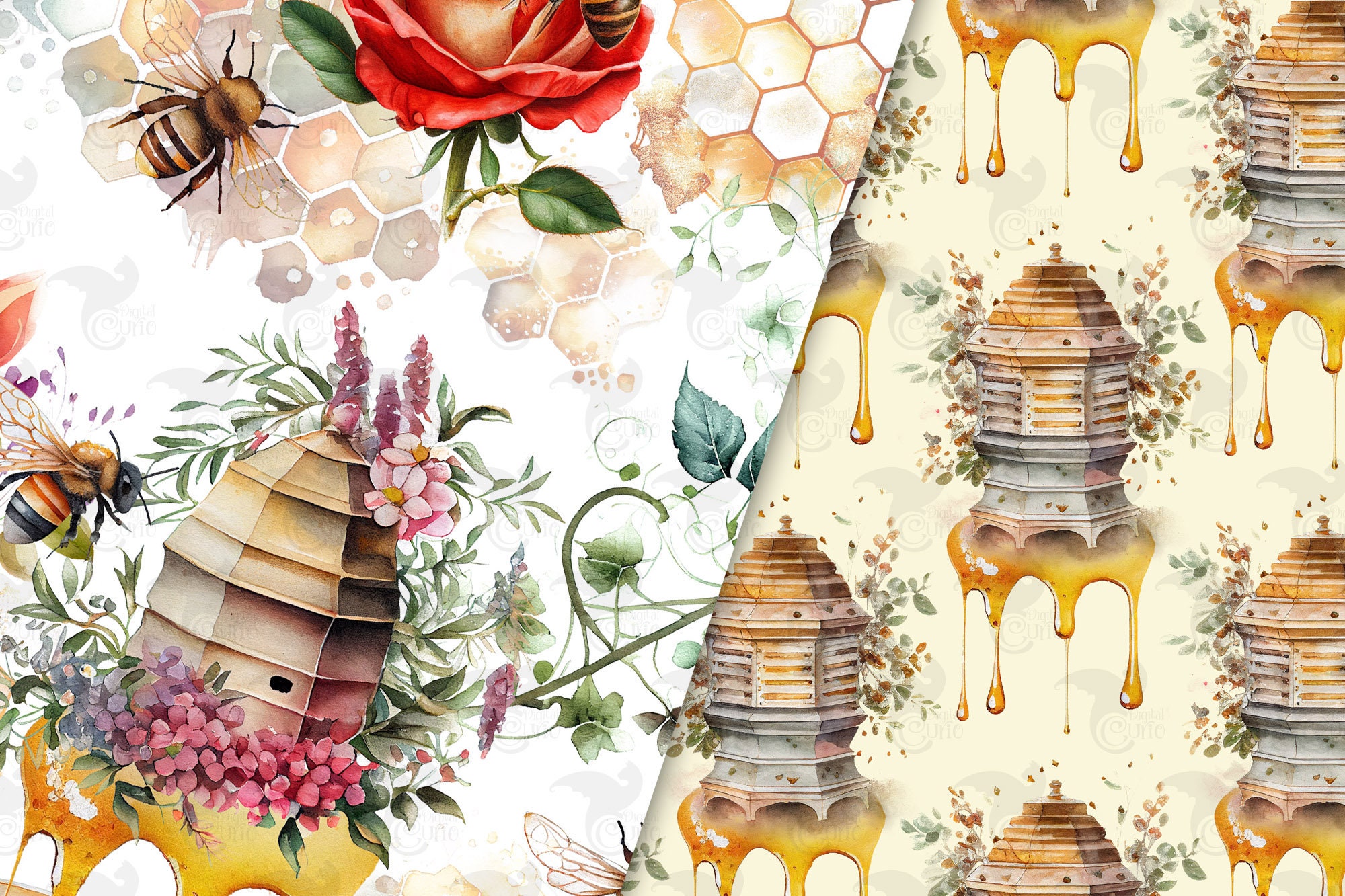 Watercolor Honey Bee Digital Paper - Seamless Honeycomb Bee Patterns ...
