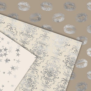 Ivory and Silver Digital Paper, Seamless Beige and Silver Foil, Taupe ...