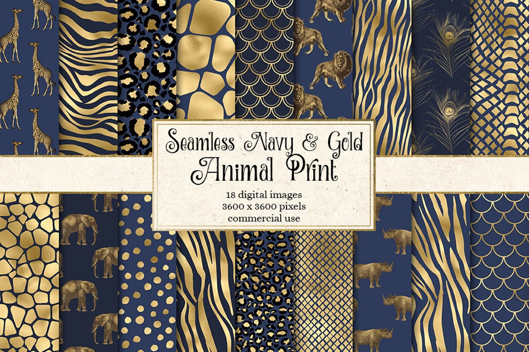 Navy and Gold Animal Skins Digital Paper, Seamless African Animal Print ...