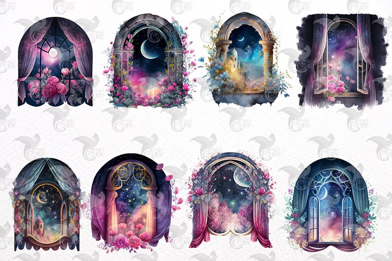 Watercolor Night Windows Clipart Floral Fantasy Cottage - Etsy