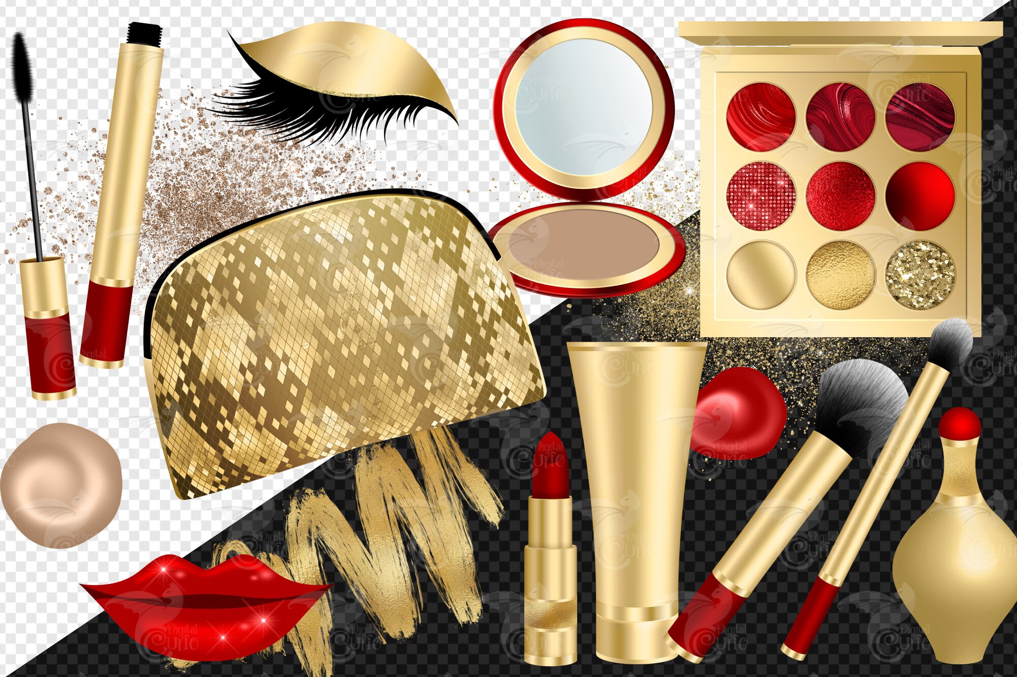 Red and Gold Cosmetics Clip Art Digital Makeup and Beauty - Etsy