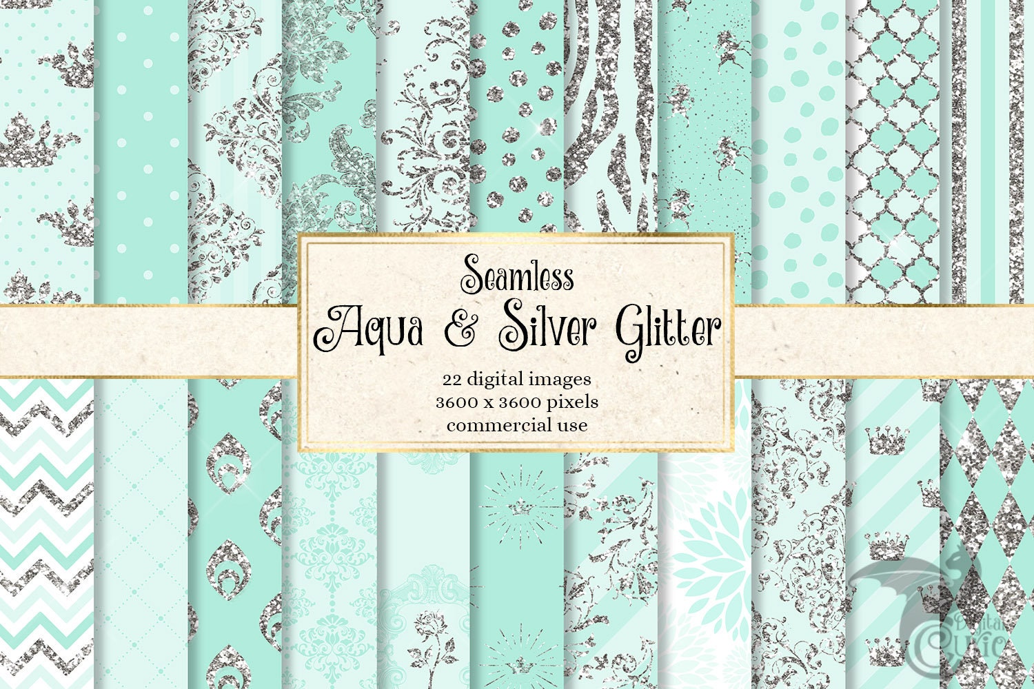 Aqua and Silver Glitter Digital Paper Seamless Pastel Mint - Etsy