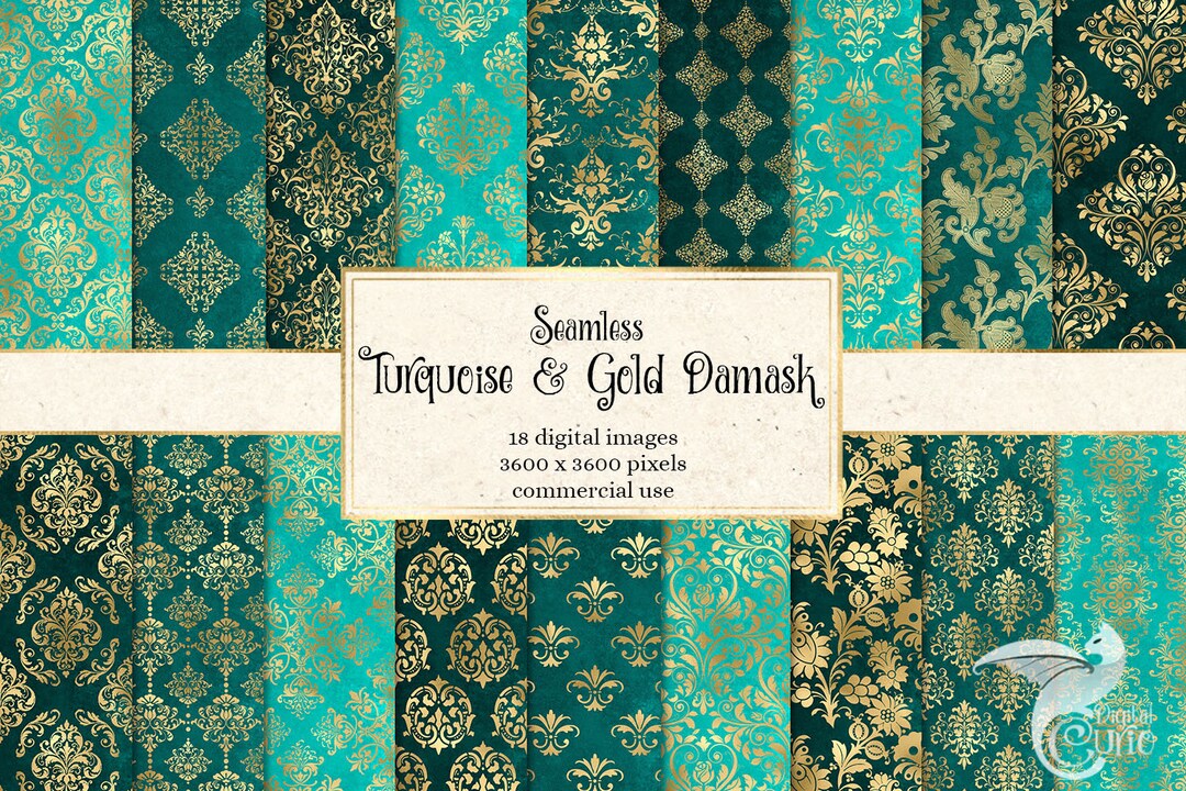 Turquoise and Gold Damask Digital Paper, Seamless Patterns (digital ...