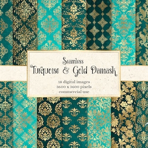 Turquoise and Gold Damask Digital Paper, Seamless Damask Patterns ...