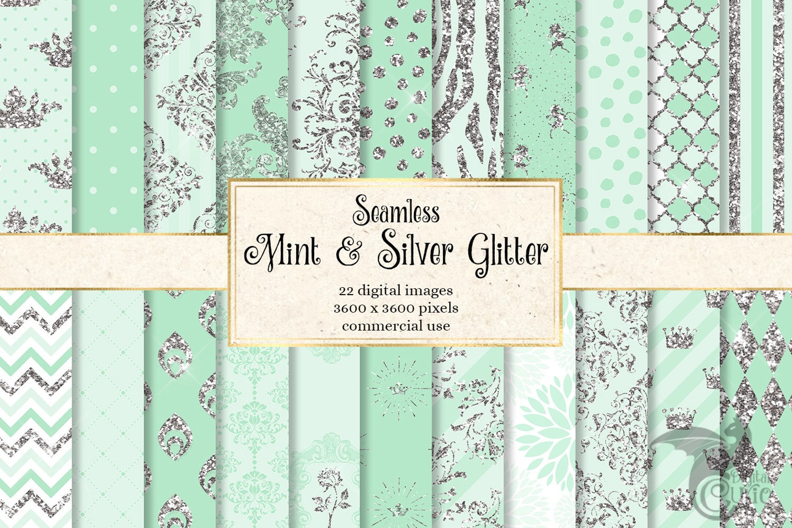 Mint and Silver Glitter Digital Paper Seamless Pastel Mint | Etsy