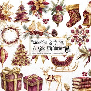 Watercolor Burgundy and Gold Christmas 104 PNG Clipart - Luxury Glam ...