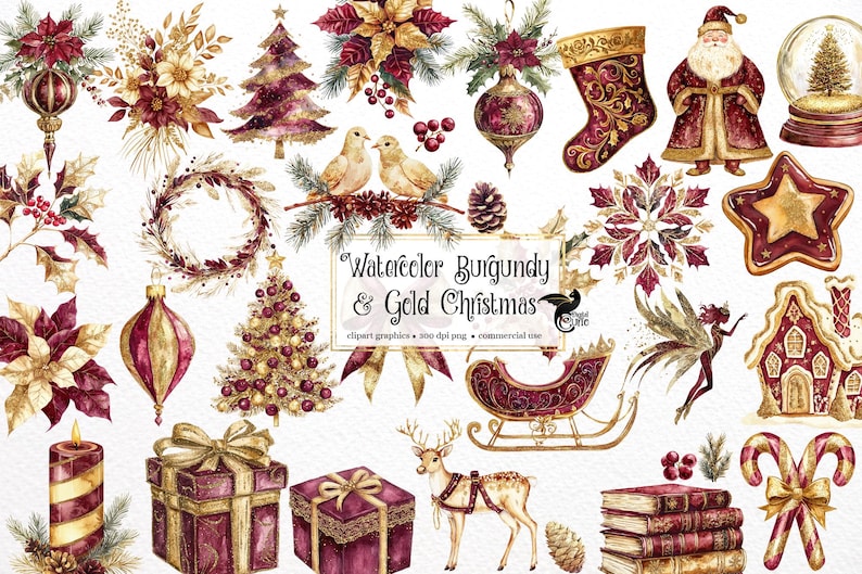 Burgundy and Gold Christmas Clipart - Watercolor Holiday Graphics (PNG ...