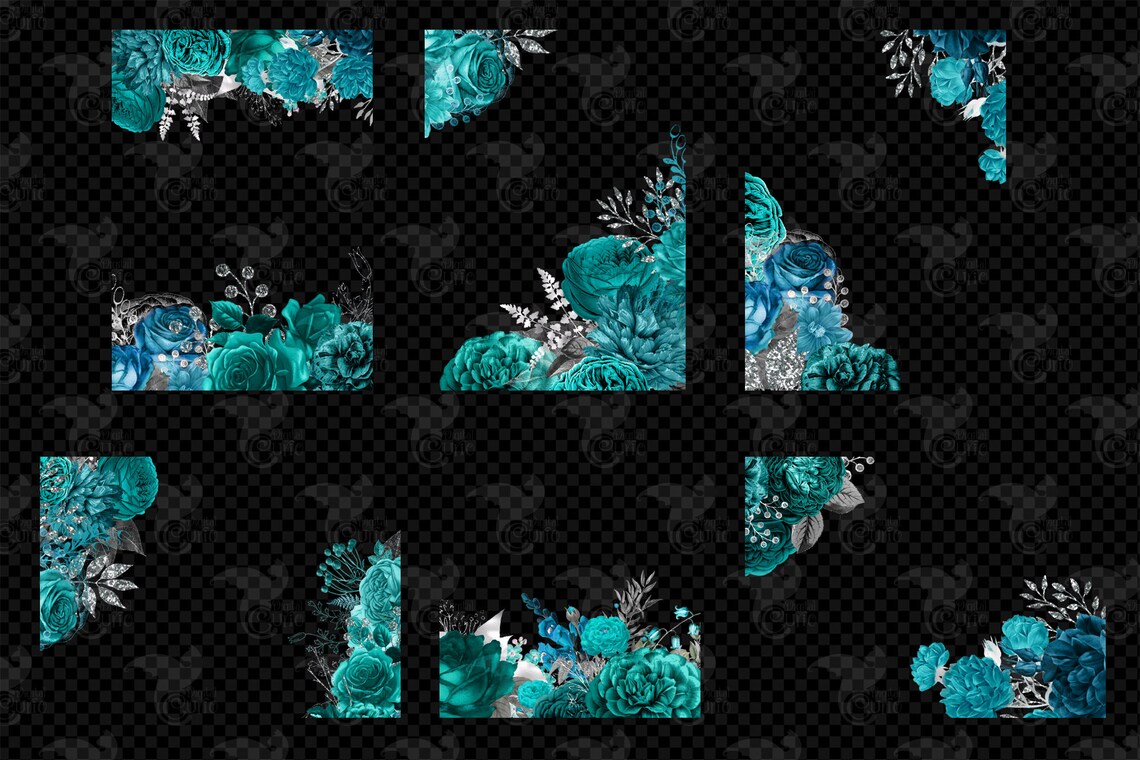 5x7 Teal and Silver Floral Overlays for Invitations Planners - Etsy