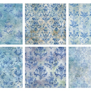 Blue Distressed Damask Digital Paper, Seamless Rustic Vintage Textured ...