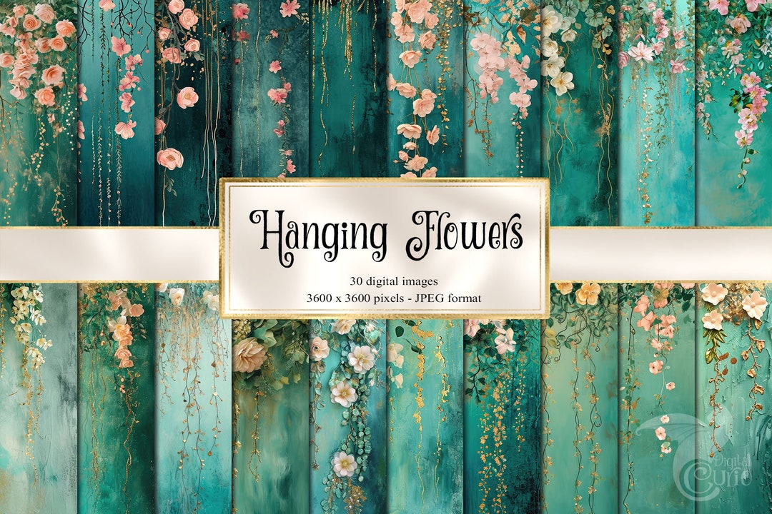 Hanging Flowers Digital Paper, Pink and Seafoam Teal Floral Backgrounds ...