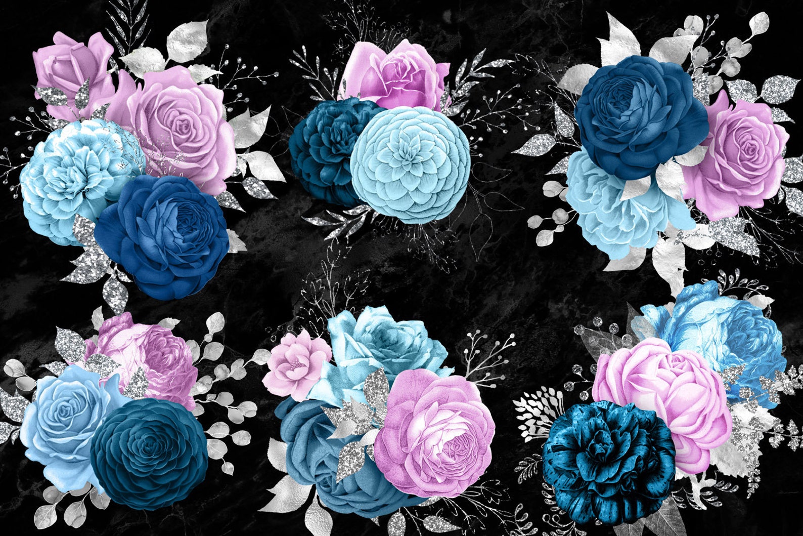 Blue Purple and Silver Floral Clip Art Digital Download - Etsy