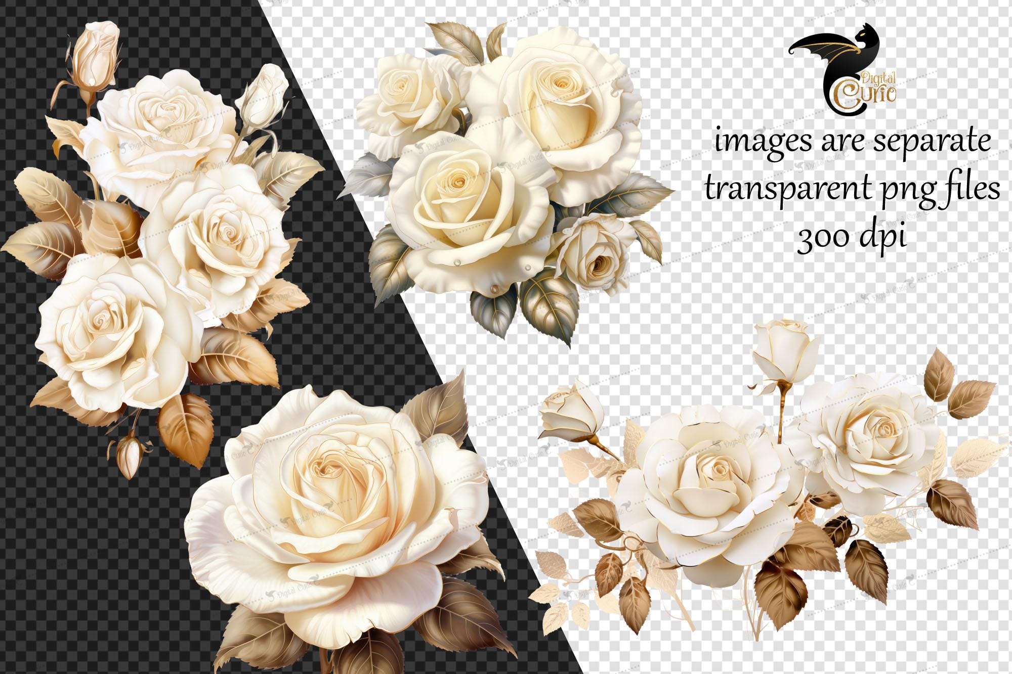 White and Gold Rose Clip Art, Floral PNG Embellishments (digital ...