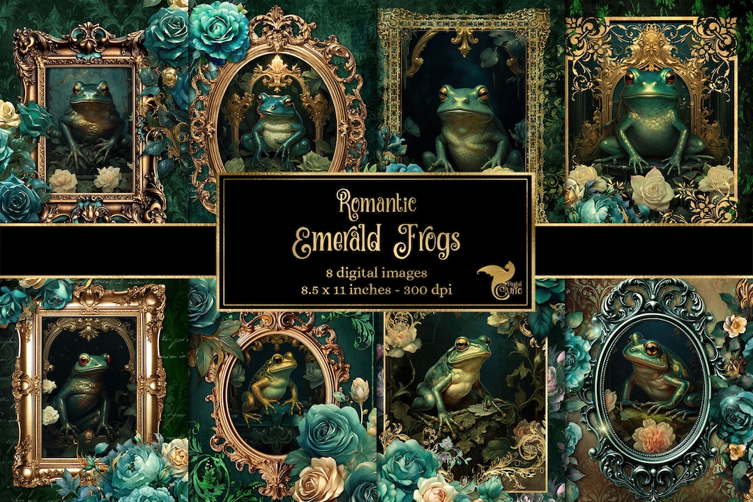 Romantic Emerald Frogs Journal Paper, Notebook Digital Paper Rococo ...