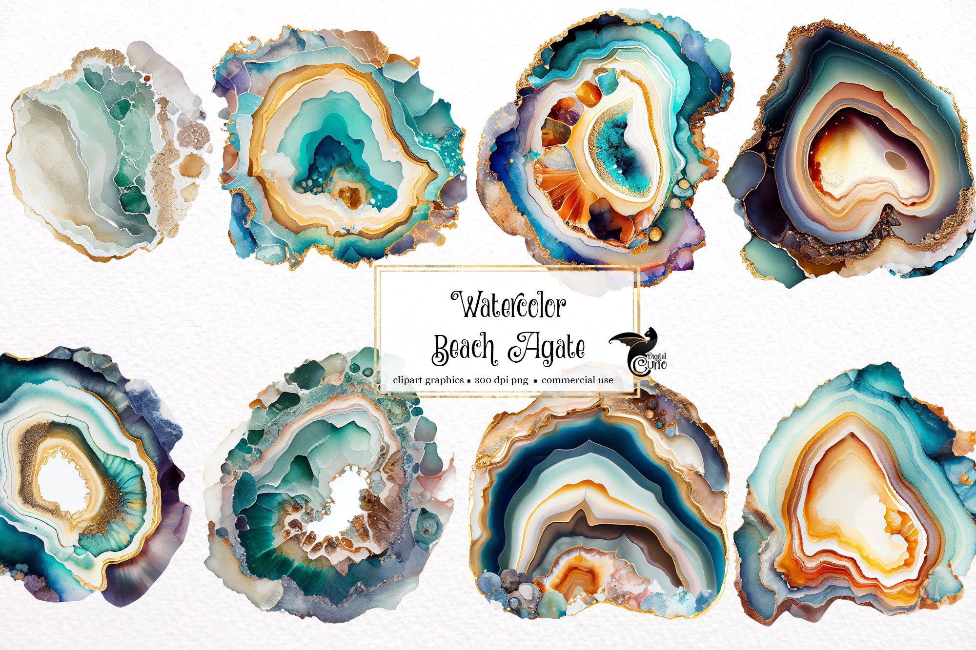 Watercolor Agate Clipart, Seafoam Gold Geode Graphics (digital Download ...
