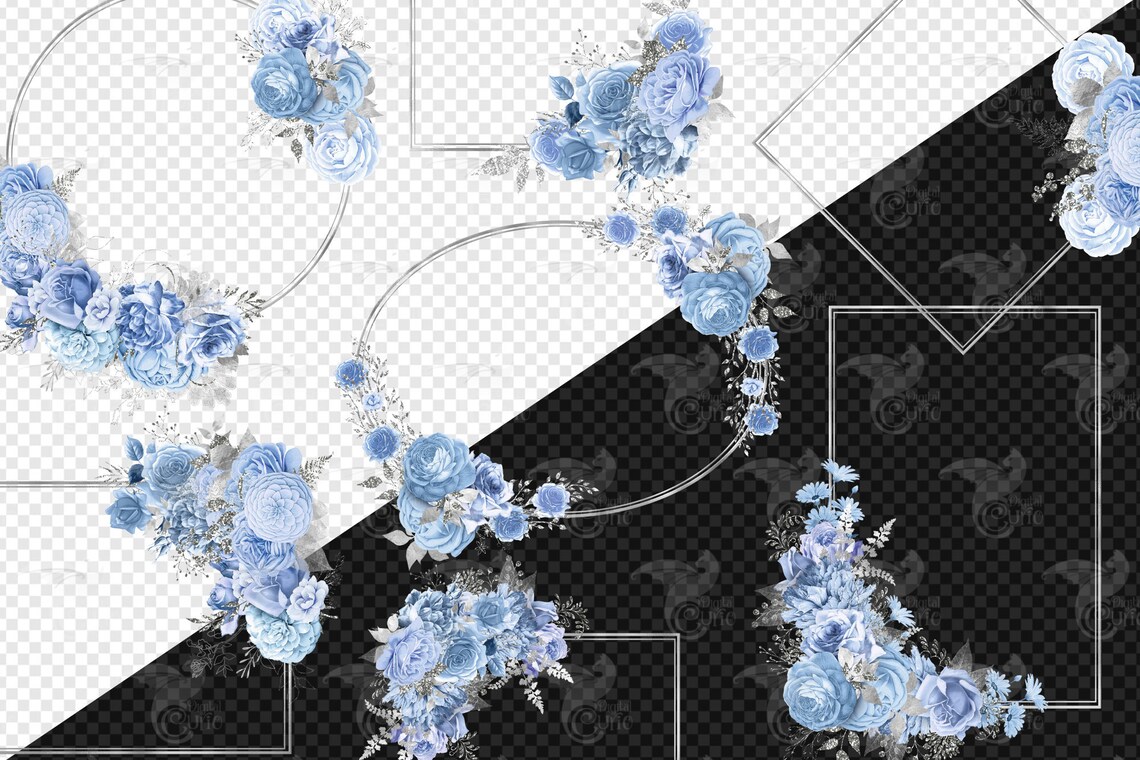 Blue Floral Frames Clipart, Silver Glitter, Geometric (digital Download ...