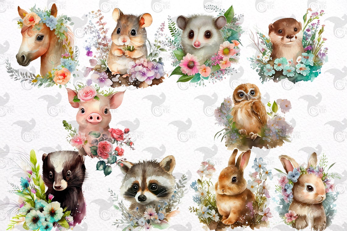 Watercolor Spring Baby Animals Clipart – Floral PNG Images (digital ...