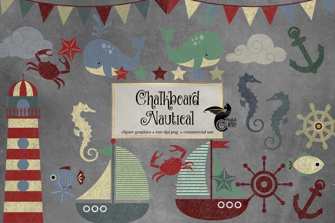 Chalkboard Nautical Clipart, Chalk Clip Art With Ships and Ocean ...