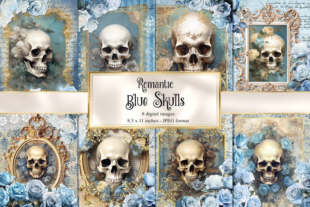 Romantic Blue Skulls Journal Paper, Notebook Digital Paper Rococo Junk ...
