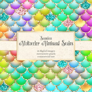 Multicolor Mermaid Scales Digital Paper, Gold Glitter (digital Download ...
