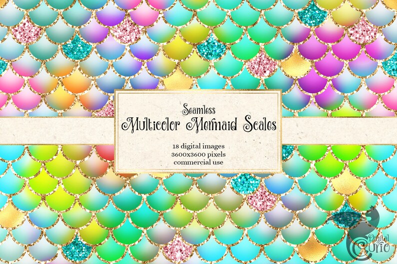 Multicolor Mermaid Scales Digital Paper, Gold Glitter (digital Download ...