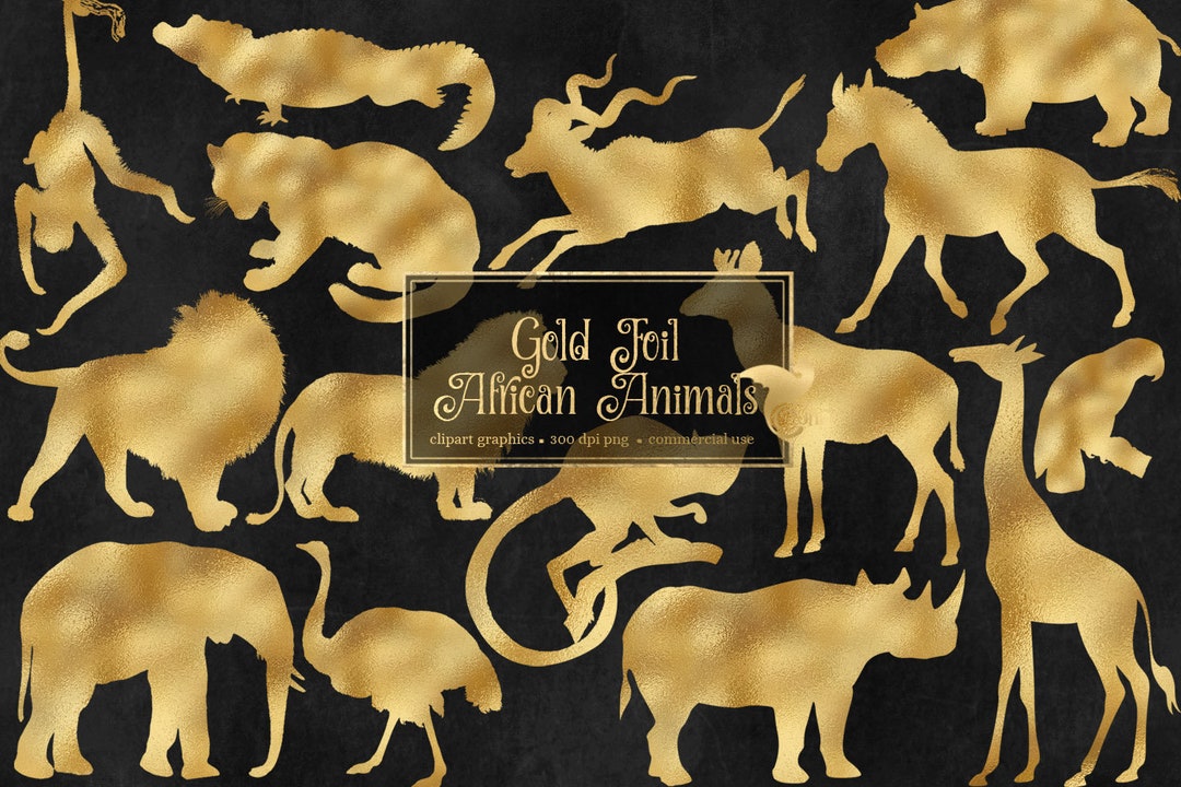 Gold Foil African Animals Clipart, Safari Animal Clip Art Illustrations ...