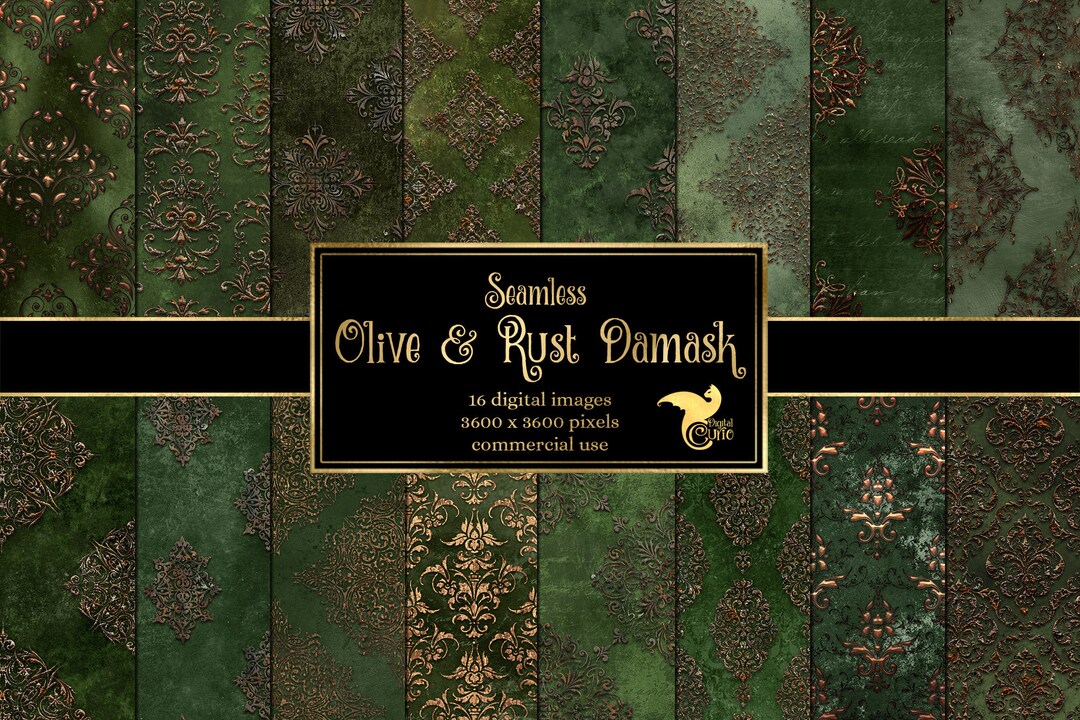 Olive and Rust Damask Digital Paper - Vintage Antique Distressed ...