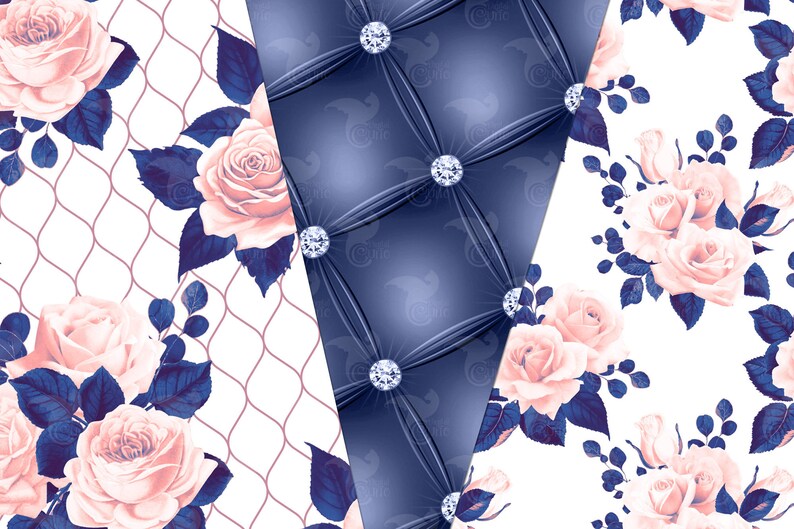 Blush and Navy Roses Digital Paper Seamless Wedding - Etsy