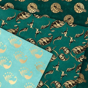 Turquoise and Gold Peacock Digital Paper, Teal Seamless Aqua Peacock ...