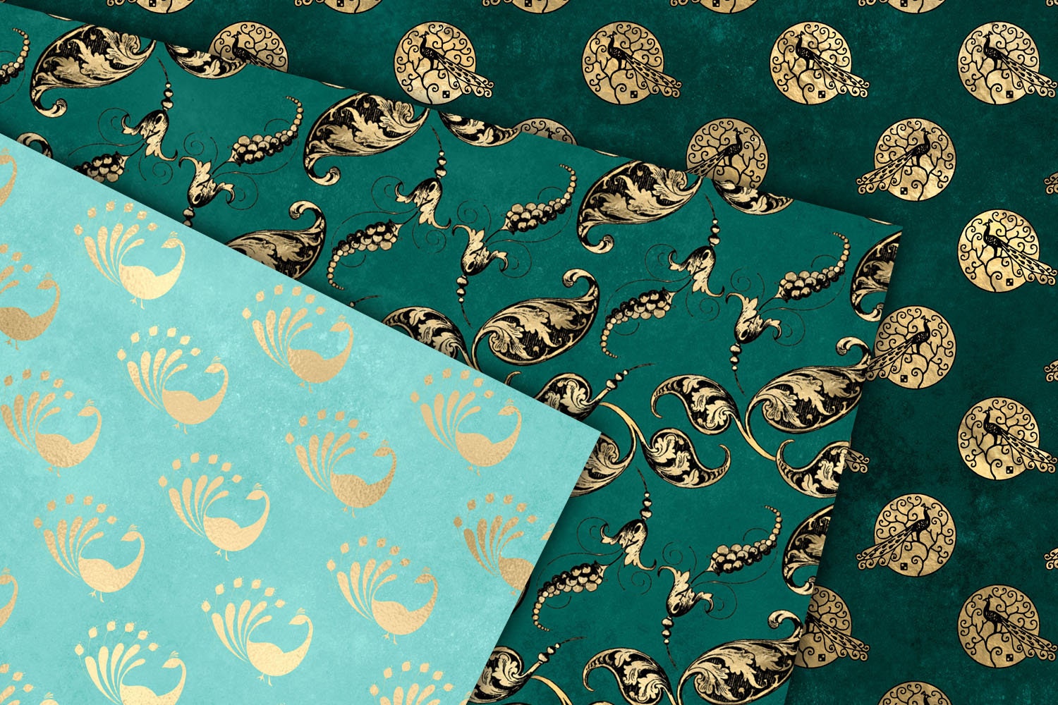 Turquoise and Gold Peacock Digital Paper Teal Seamless Aqua - Etsy