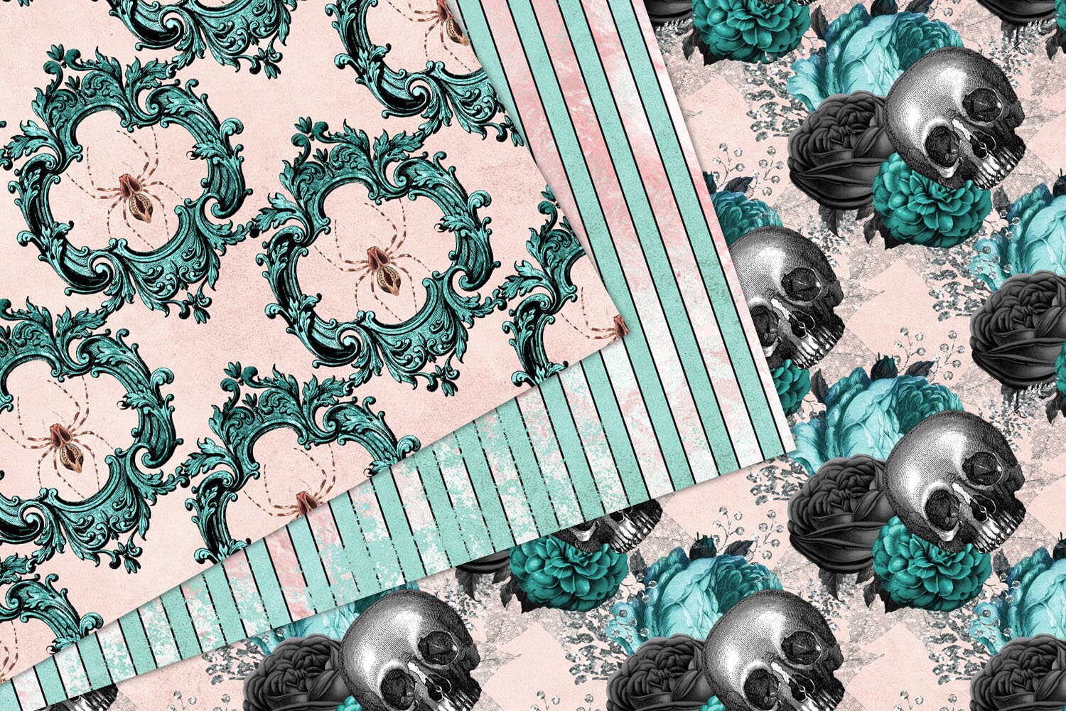 Blush and Turquoise Gothic Digital Paper Seamless Skull - Etsy