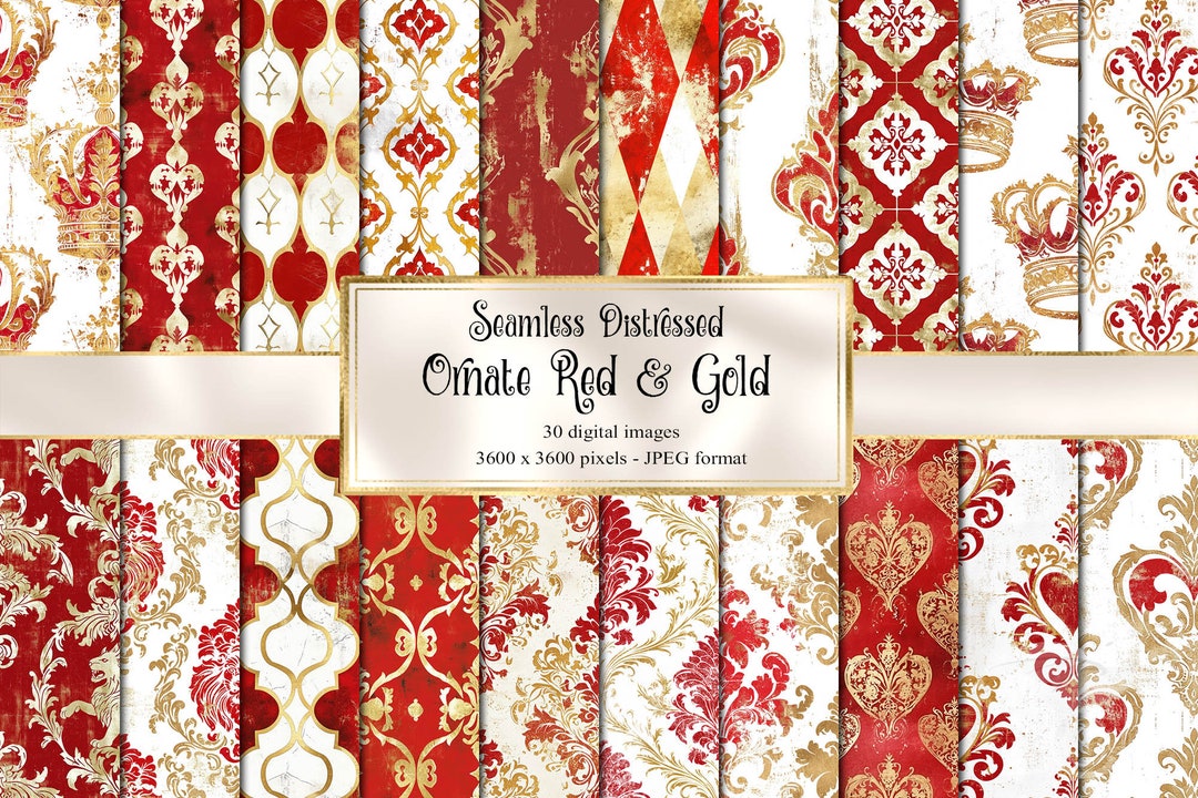 Distressed Ornate Red and Gold Digital Paper - Seamless Printable ...