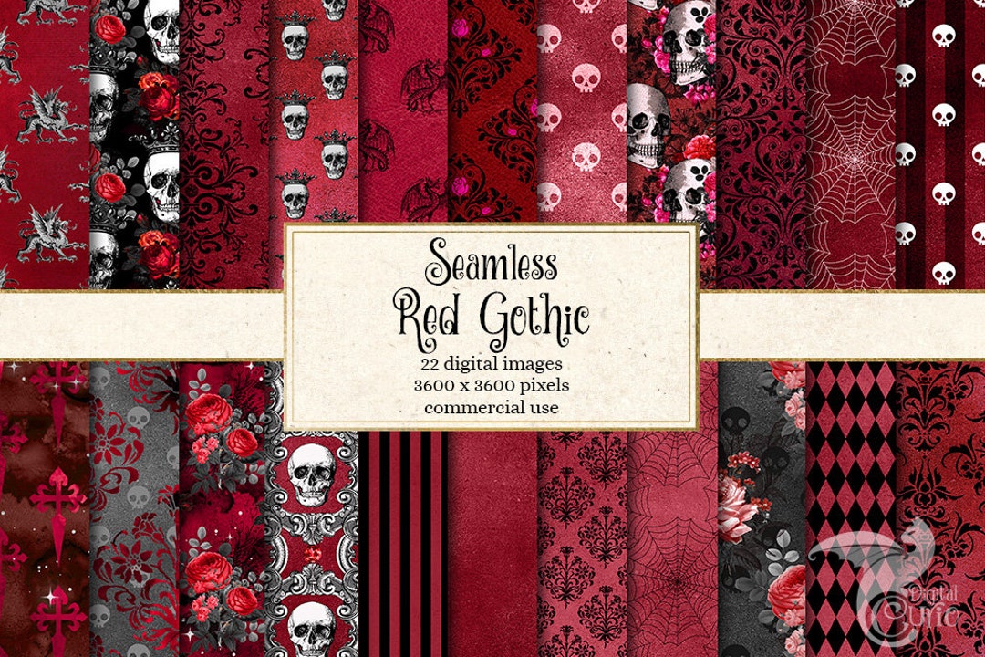 Seamless Red Gothic Digital Paper, Skull Damask Halloween Scrapbook ...