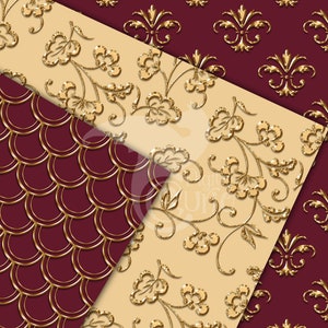 Ornate Burgundy and Gold Digital Paper, Seamless Damask Patterns ...