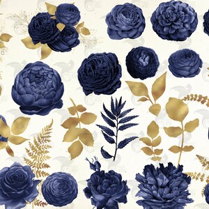 Navy Blue and Gold Floral Clipart - Rose & Foil Leaves (PNG, Commercial ...