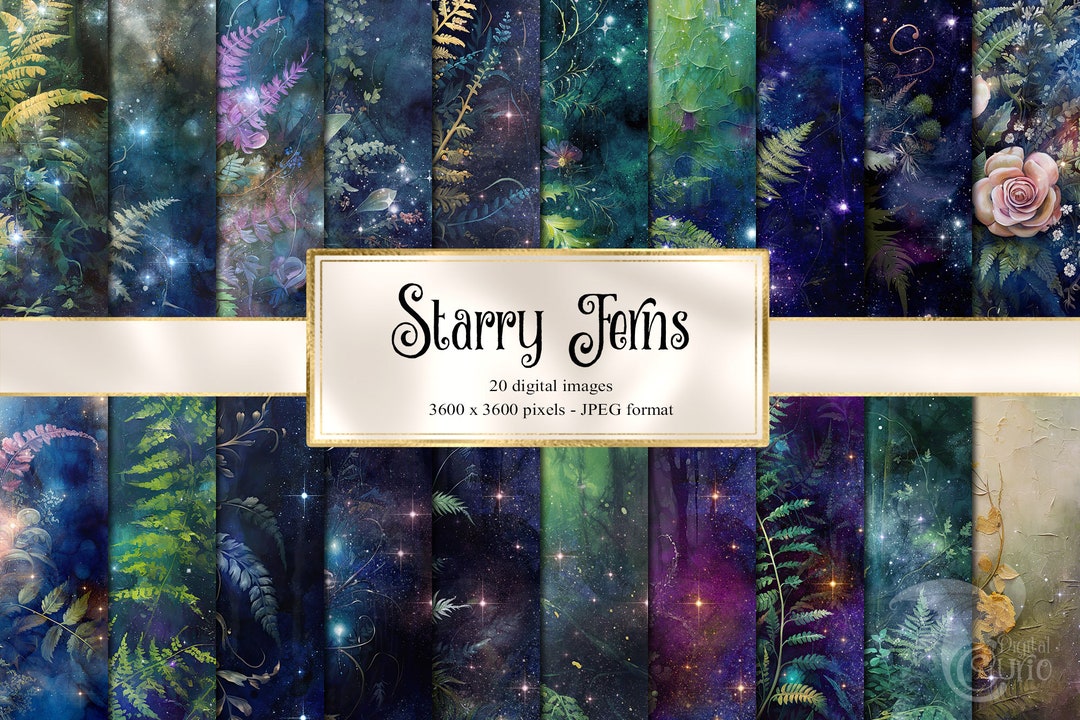 Starry Fern Digital Paper, Celestial Floral Scrapbook Pages (digital ...